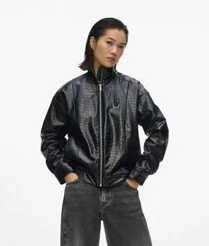 KL JEANS Jeans Croco-effect Faux Leather Bomber Jacket - Black