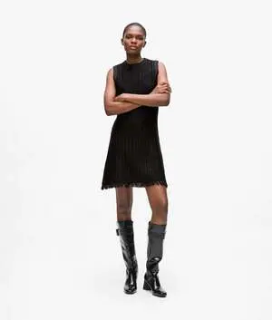 Karl Lagerfeld Sleeveless Textured Knit Midi Dress With Fringe Hem - Black
