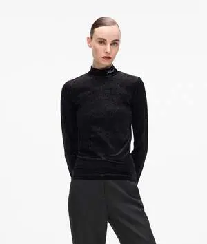Karl Lagerfeld Sparkling Velvet Mock Neck Top - Black