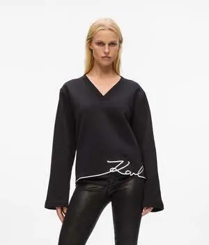 Karl Lagerfeld Signature Logo V-neck Sweatshirt - Black