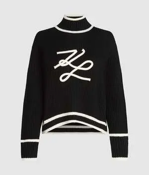 Karl Lagerfeld Ribbed Turtleneck Sweater With Autograph Logo Embroidery - Black