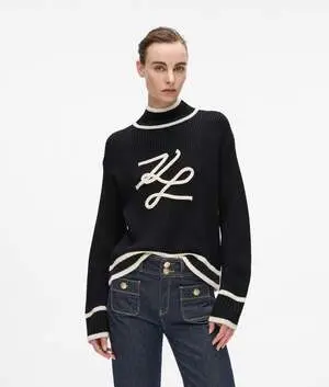 Karl Lagerfeld Ribbed Turtleneck Sweater With Autograph Logo Embroidery - Black