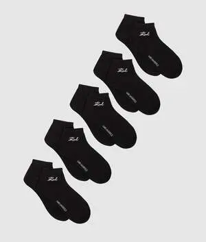 Karl Lagerfeld Signature Embroidered Cotton Blend Ankle Socks – 5-pack - Black