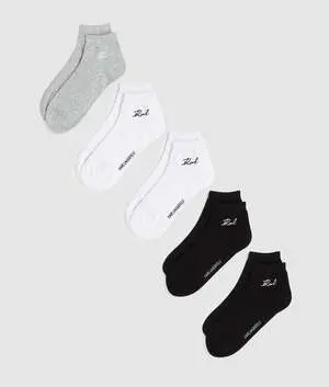 Karl Lagerfeld Karl Lagerfeld Signature Embroidered Cotton Blend Ankle Socks – 5-Pack Black/white/grey
