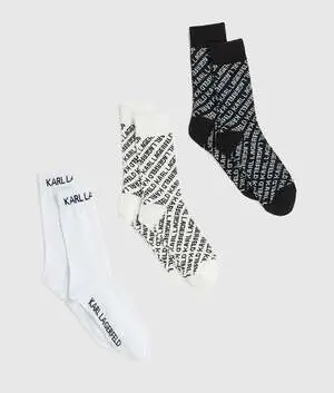 Karl Lagerfeld Set Of Three All-over Logo Socks - Monogram Cannolli-white-black