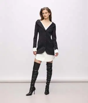 Karl Lagerfeld Tailored Wool Blend Mini Dress With Satin Trim - White/black