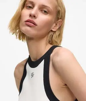 Karl Lagerfeld Sleeveless Knit Dress With Contrasting Piping And Belt