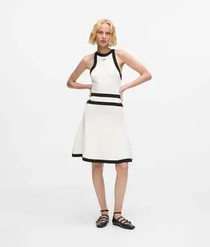 Karl Lagerfeld Sleeveless Knit Dress With Contrasting Piping And Belt