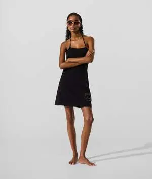 Karl Lagerfeld Halterneck Ikon Rhinestone Beach Mini Dress - Black
