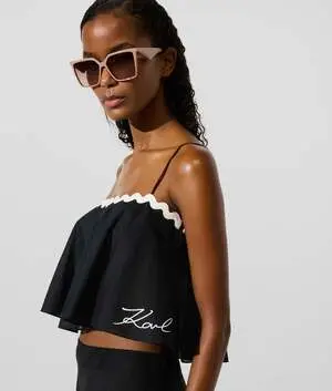Karl Lagerfeld Scalloped Beach Cropped Top In Cotton - Black