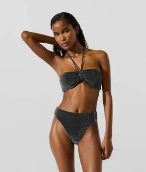 Karl Lagerfeld Metallic Bandeau Bikini Top With Halter Straps - Black
