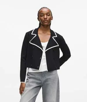 Karl Lagerfeld Double-breasted Cropped Tailored Cardigan With Contrast Piping - Black/white