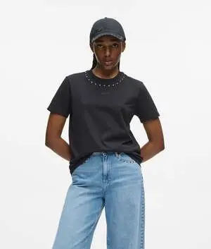 Karl Lagerfeld Studded Signature T-shirt In Organic Cotton - Black