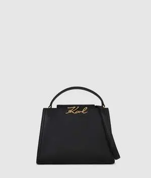 Karl Lagerfeld K/signature Medium Top Handle Bag In Black Leather With Gold Tone Hardware