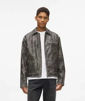 KL JEANS Distressed Faux Leather Jacket - Washed Black