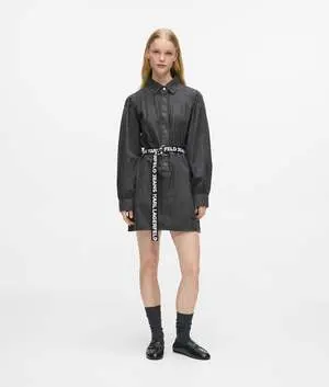 KL JEANS Belted Denim Shirt Dress - Washed Black
