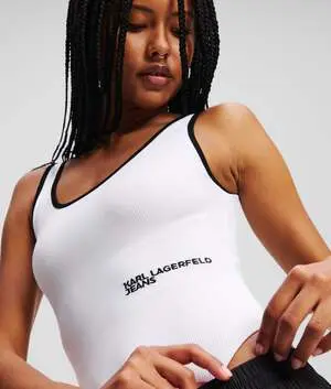 KL JEANS Jeans Ribbed Bodysuit With Contrasting Piping And Embroidered Logo - White