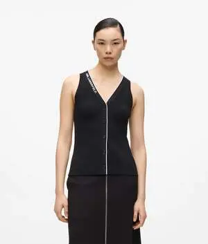 Karl Lagerfeld Ribbed Knit V-neck Button-up Top - Black/white