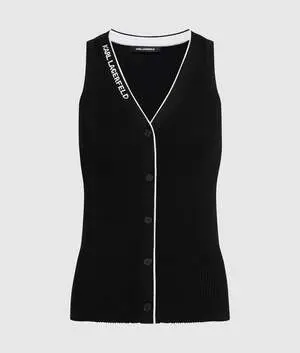 Karl Lagerfeld Ribbed Knit V-neck Button-up Top - Black/white