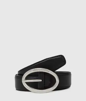 Karl Lagerfeld Slim Leather Belt With Oval Buckle - Black
