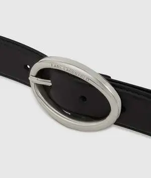 Karl Lagerfeld Slim Leather Belt With Oval Buckle - Black