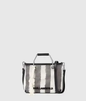 Karl Lagerfeld Ikon Mesh Small Tote Bag With Striped Design - Black Stripes