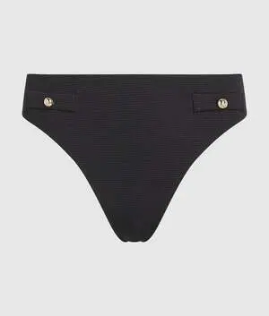 Karl Lagerfeld Gold Button High-waisted Striped Bikini Bottoms - Black
