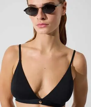 Karl Lagerfeld Striped Bikini Top With Gold Button Detail - Black
