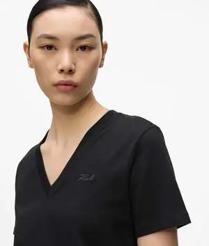 Karl Lagerfeld Signature V-neck T-shirt In Organic Cotton - Black