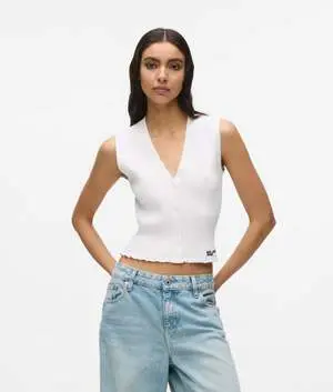 KL JEANS Jeans Sleeveless V-neck Rib-knit Button-down Top - White