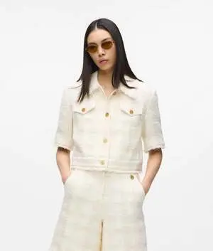 Karl Lagerfeld Short-sleeved Bouclé Cropped Blazer With Gold Autograph Buttons