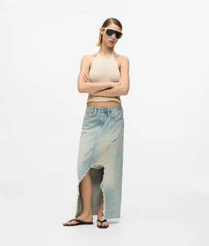 KL JEANS Distressed Denim Maxi Skirt - Tinted Washed Blue