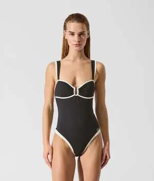 Karl Lagerfeld Karl Lagerfeld Signature Piped High-Cut Swimsuit Black
