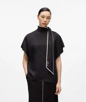 Karl Lagerfeld Short-sleeve High Neck Blouse With Self-tie Scarf And Contrast Piping - Black