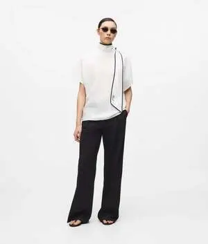 Karl Lagerfeld Short-sleeve High Neck Blouse With Self-tie Scarf And Contrast Piping - Pristine