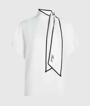 Karl Lagerfeld Short-sleeve High Neck Blouse With Self-tie Scarf And Contrast Piping - Pristine