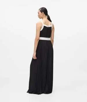 Karl Lagerfeld Pleated Jumpsuit With White Trim And Logo Belt - Black