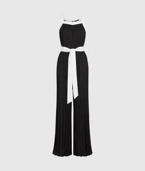 Karl Lagerfeld Pleated Jumpsuit With White Trim And Logo Belt - Black