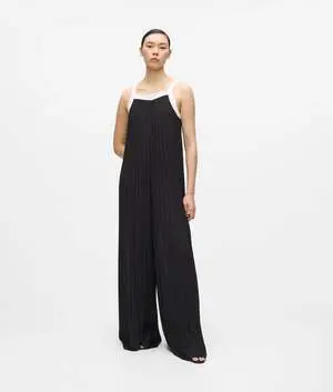 Karl Lagerfeld Pleated Jumpsuit With White Trim And Logo Belt - Black