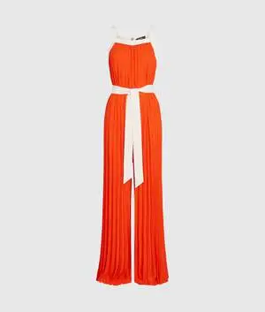 Karl Lagerfeld Pleated Jumpsuit With White Trim And Logo Belt - Tango