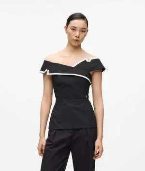 Karl Lagerfeld Tailored Off-shoulder Top With Contrast Piping - Black