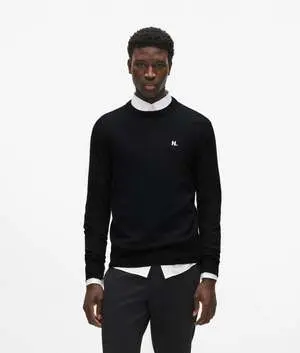 Karl Lagerfeld Merino Wool Crew Neck Sweater With Monogram Embroidery - Black