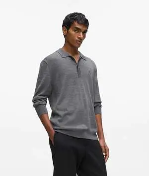 Karl Lagerfeld Merino Wool Long-sleeved Polo Shirt - Medium Grey Melange