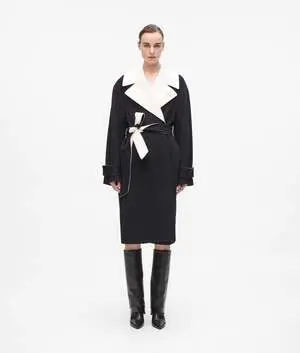 Karl Lagerfeld Classic Wool Blend Coat With Contrasting Collar - White/black