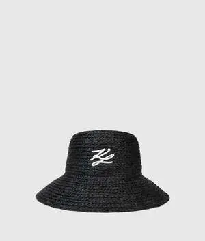 Karl Lagerfeld Autograph Raffia Beach Bucket Hat - Black