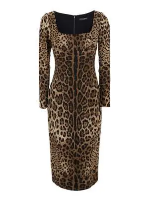 Dolce & Gabbana Brown Leopard Print Stretch Viscose Midi Dress - Multicolor