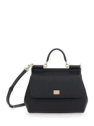 Dolce & Gabbana Sicily" Grained Leather Handbag With Logo Plate - Black