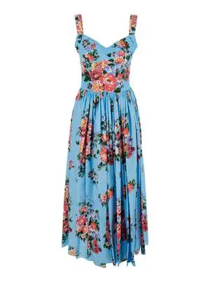 Dolce & Gabbana Blue Long Dress With All-over Floral Print In Cotton For - Multicolor