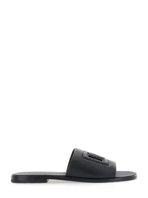 Dolce & Gabbana Leather Cut-out Logo Detail Flat Sandals - Black