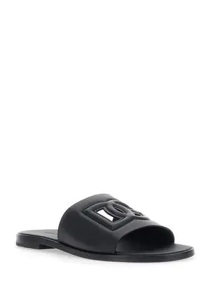 Dolce & Gabbana Leather Cut-out Logo Detail Flat Sandals - Black